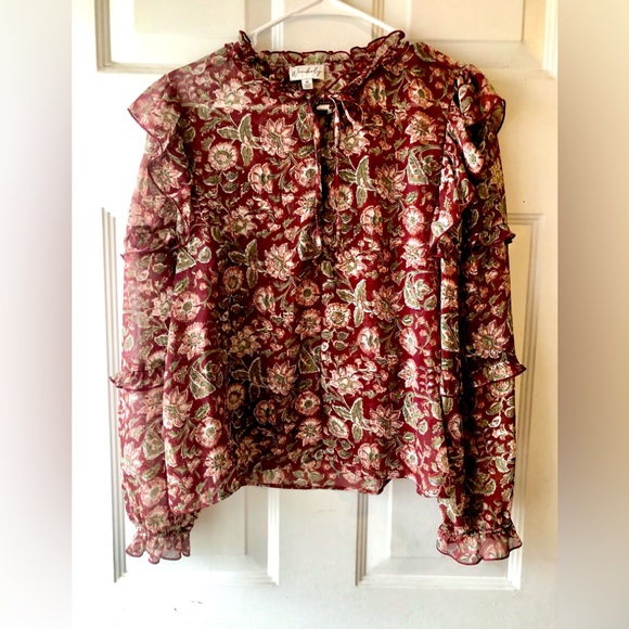 Wonderly | Tops | Wonderly Red Olive Rust White Floral Ruffle Sleeve ...